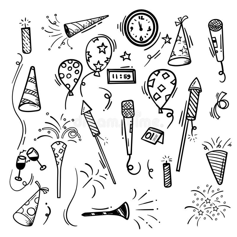 Doodle Vector Set with New Year Party Related Objects in Line Art for ...