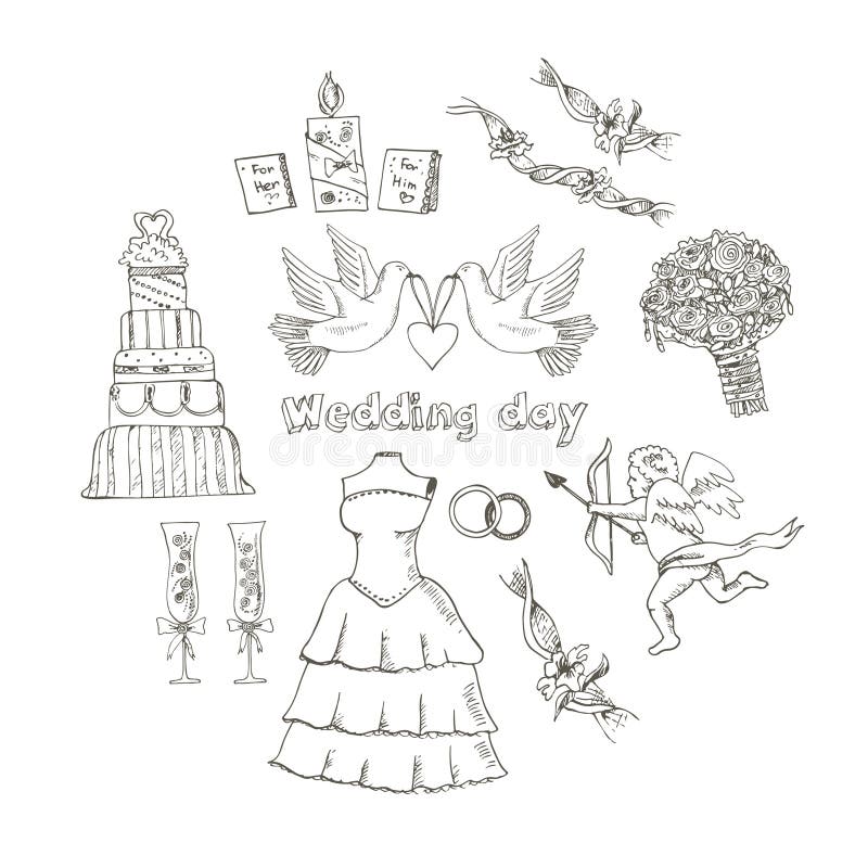 Doodle Wedding Set for Invitation Cards Stock Vector - Illustration of ...