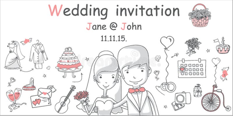 Doodle Wedding Set for Invitation Cards, Including Template Design Decorative Elements Stock ...