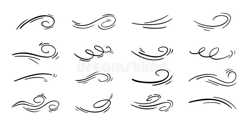 Doodle Wind Line Sketch Set. Hand Drawn Doodle Wind Air Blow, Swirl ...