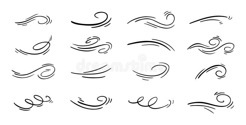 Doodle Wind Line Sketch Set. Hand Drawn Doodle Wind Air Blow, Swirl ...