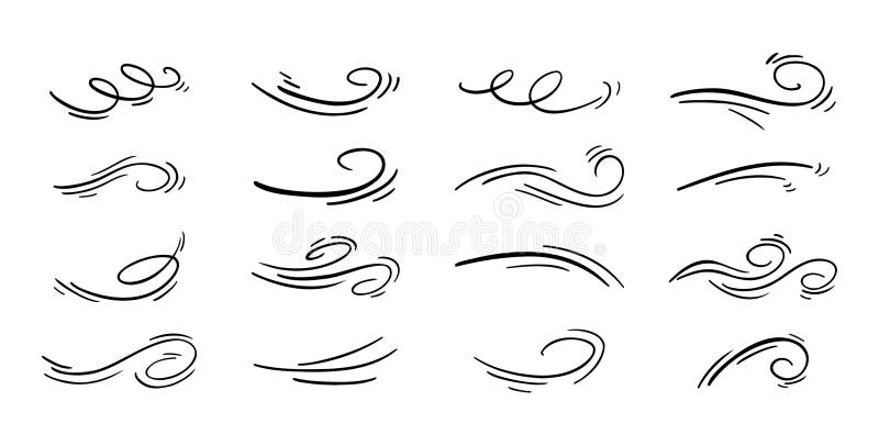 Doodle Wind Line Sketch Set. Hand Drawn Doodle Wind Air Blow, Swirl ...