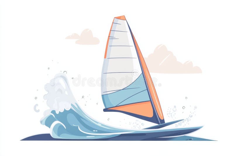 Doodle of a Windsurfing Board with a Large Sail and Waves Splashing ...