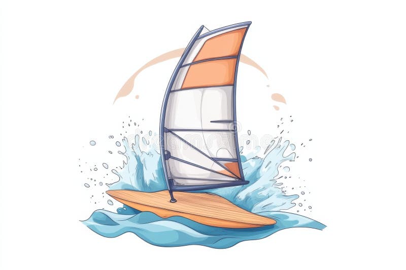 Doodle of a Windsurfing Board with a Large Sail and Waves Splashing ...
