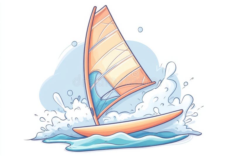 Doodle of a Windsurfing Board with a Large Sail and Waves Splashing ...