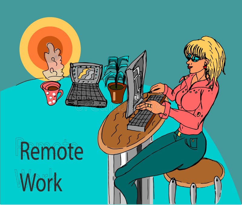 Doodle Woman Working at Home. Remote Work Concept. Stock Vector ...