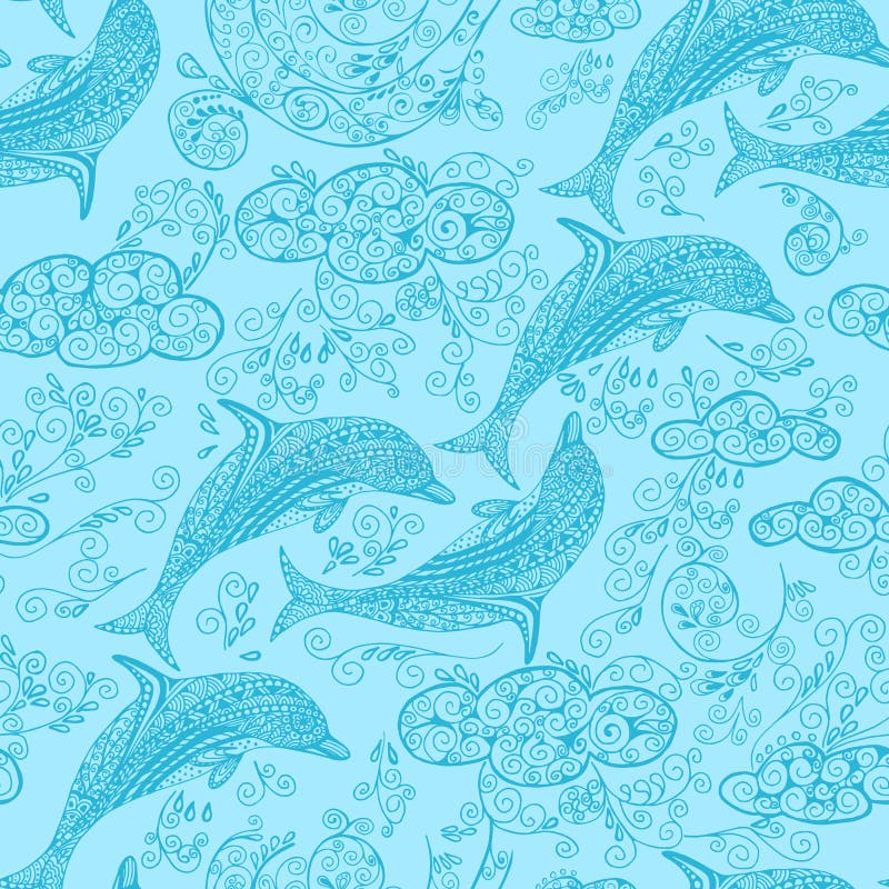 Doodled Dolphin in the Clouds Seamless Texture Stock Vector ...