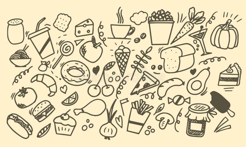 Doodles of Different Types of Food Vector Illustration, Hand Drawn ...