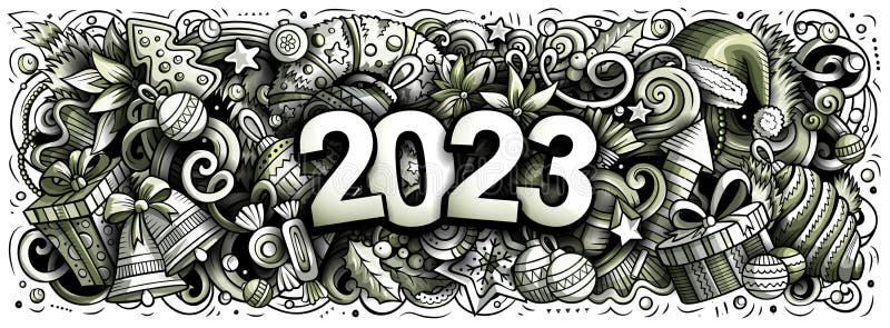 2023 Doodles Horizontal Illustration. New Year Objects and Elements ...