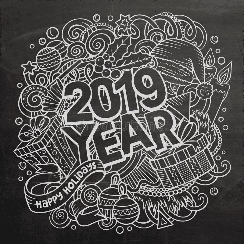 2019 Doodles Illustration. New Year Objects and Elements Poster Design ...