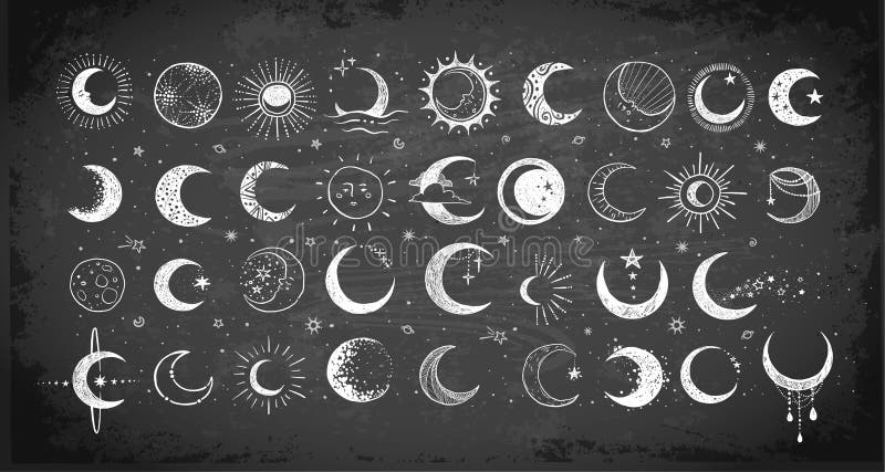 Doodles with the Moon on Blackboard Background. Crescent Moon ...