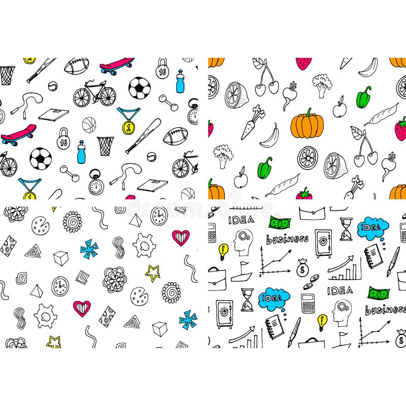 Doodles Seamless Pattern Set. Stock Illustration - Illustration of ...