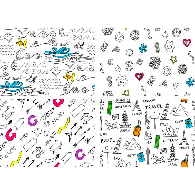 Doodles Seamless Pattern Set. Stock Illustration - Illustration of ...
