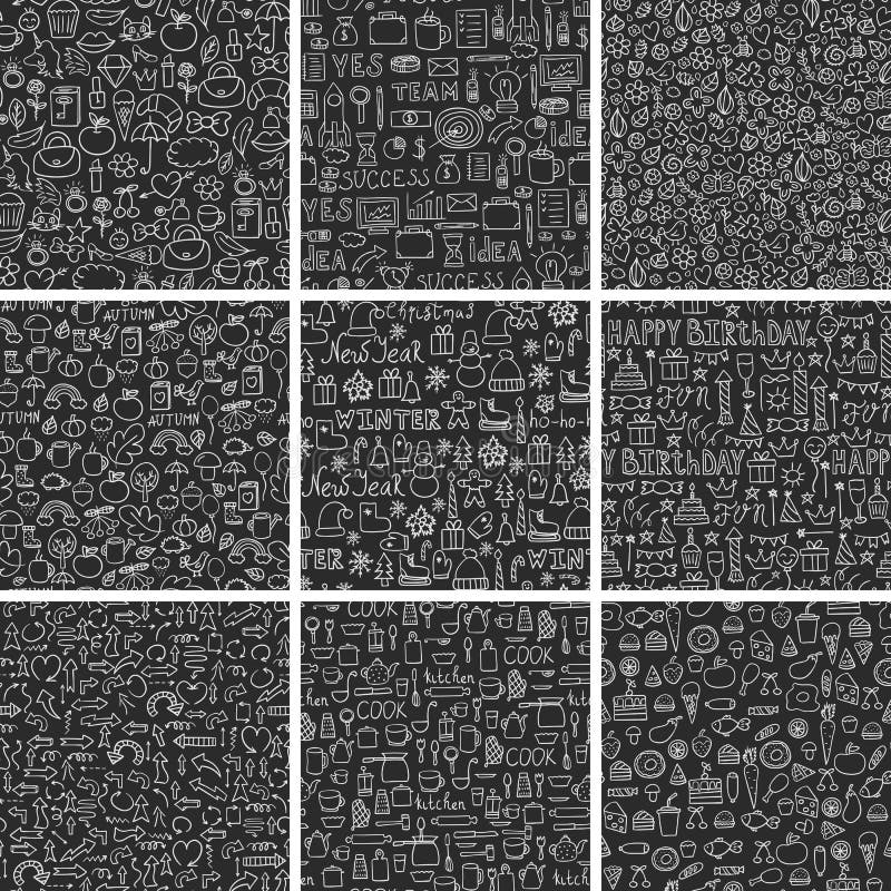 Doodles Seamless Pattern Vector Set. Stock Vector - Illustration of ...