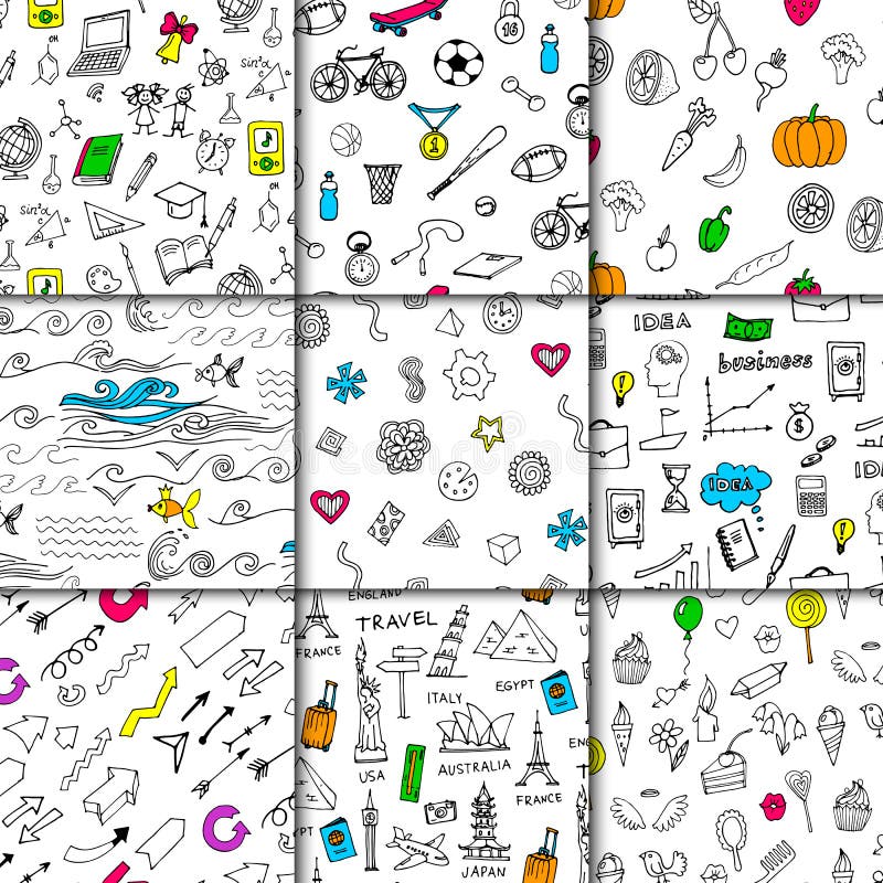 Doodles Seamless Pattern Vector Set. Stock Vector - Illustration of ...