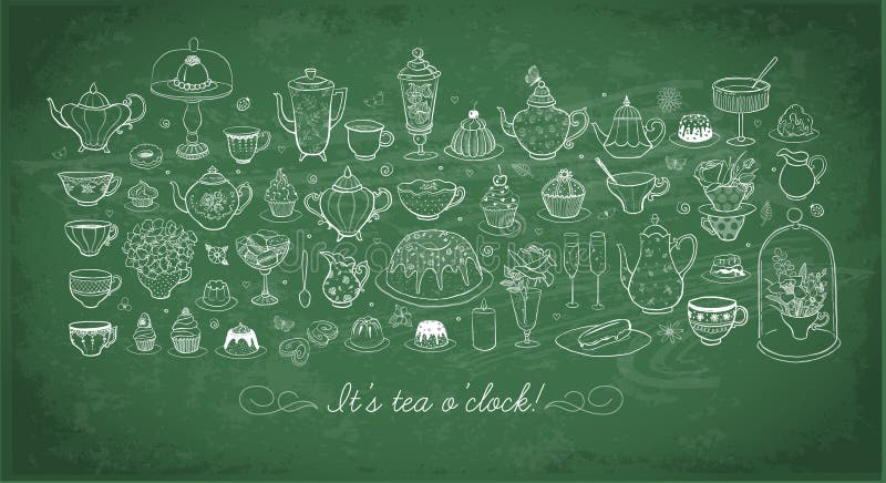 Doodles with Tea Party Elements in Old English Style on Blackboard ...