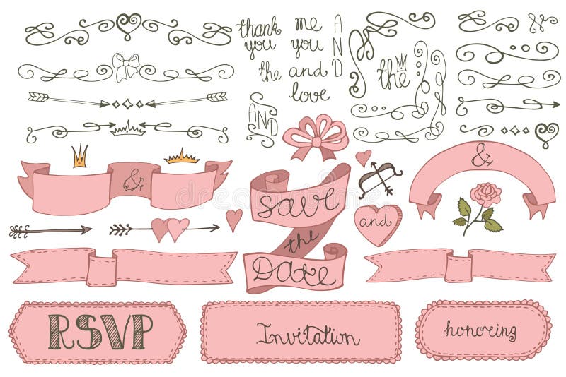 Doodles Wedding Ribbons, Borders,badges,decor Set Stock Vector ...
