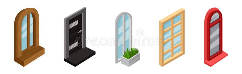 Door As Hinged Entry or Exit and Window Isometric Vector Set Stock ...