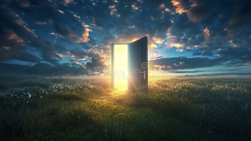 A Door in a Field with the Sun Shining through it at Sunset Stock Photo ...