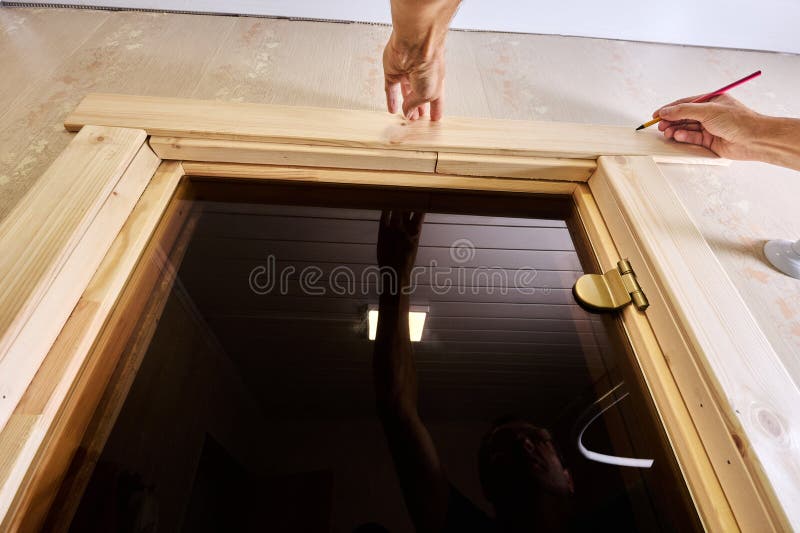 Door Frame Markings with Pencil before Casing Fixing. Stock Photo ...