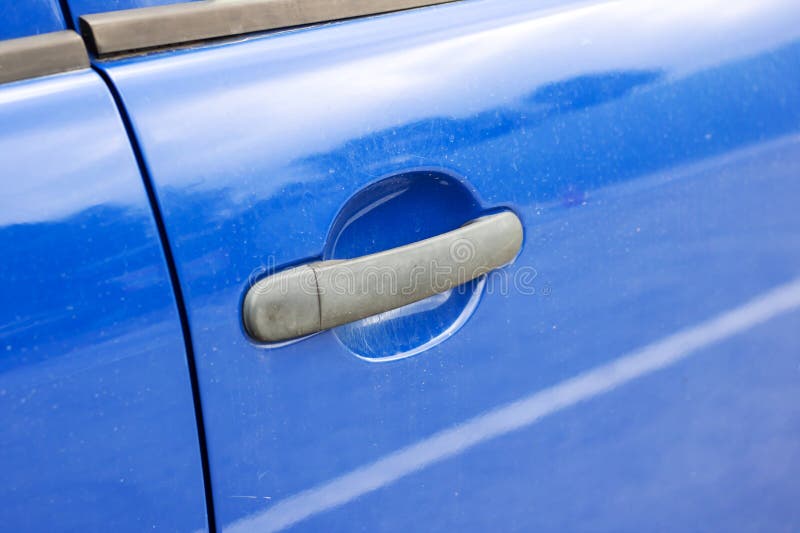 Door Handle on a Blue Car Closeup Stock Photo - Image of automobile ...
