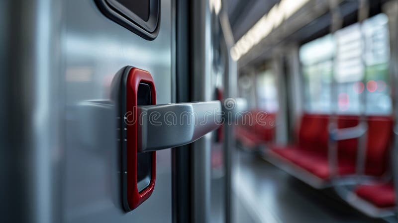 Door Handle Inside a Clean, Modern, Empty Train with Red Seats. Stock ...