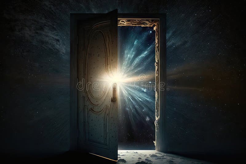 Door, with Heavenly Light Shining through, Against Starry Night Sky ...
