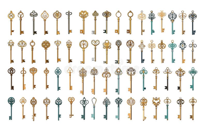 Door Keys with Fancy Shape, Large Vector Set. Magic Patterns, Variety ...
