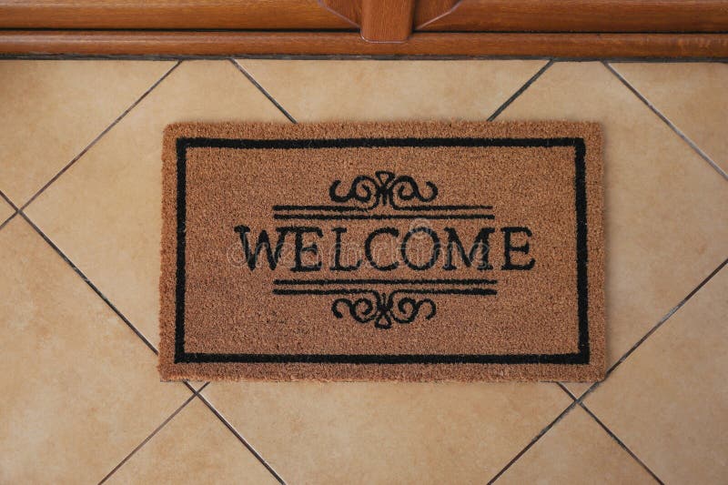 Door Mat with Word Welcome on Floor, Above View Stock Photo - Image of ...