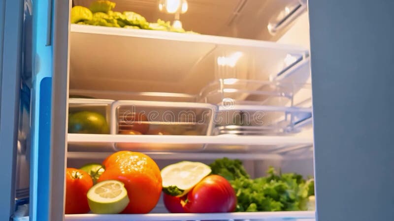 The Door Opens To Reveal the Inside of a Refrigerator with Various ...