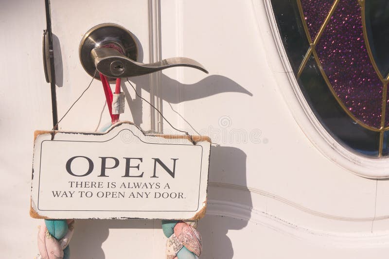 Door Sign Open Attach the Door Handle. Stock Image - Image of ...