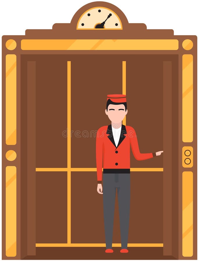 Doorman Standing Inside Cabin of Mechanical Retro Lift. Elevator with ...
