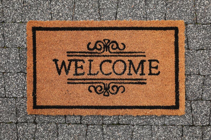 Doormat with Word Welcome on Pavement Outdoors, Top View Stock Image ...