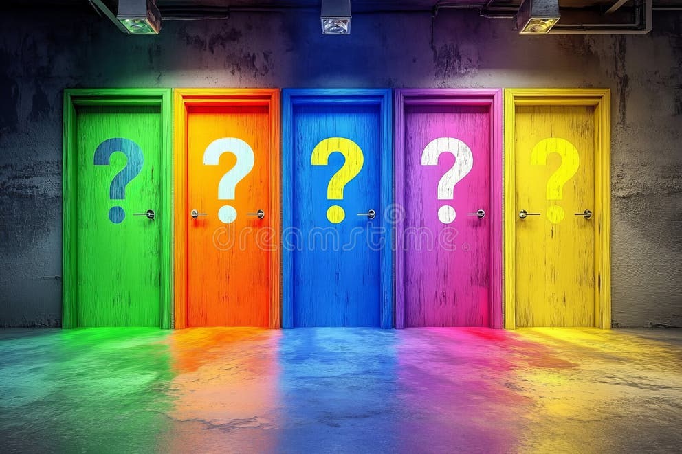Doors with a Splash of Colors and Question Marks, Suggesting Decision ...