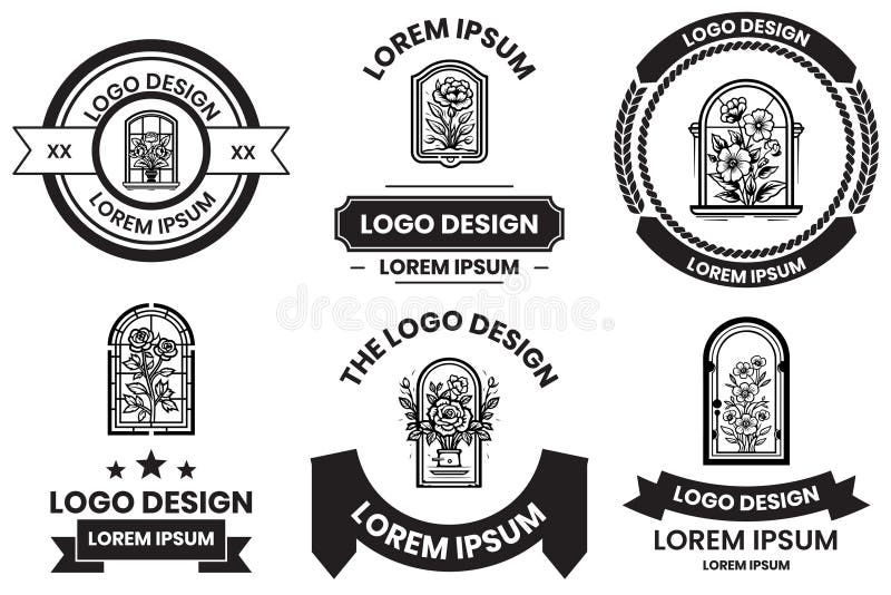 Doors and Windows with Flowers Logo in Flat Line Art Style Stock Vector ...