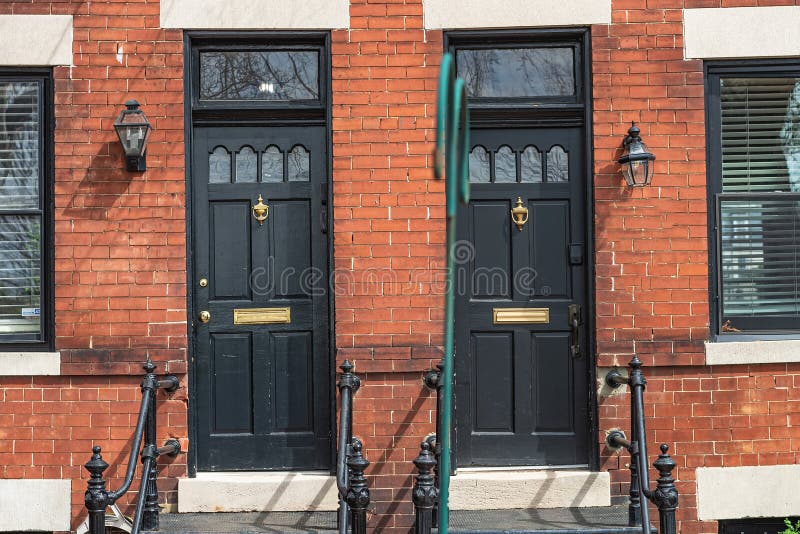 Doorway with Two Doors with Porch in a Red Brick House Stock Image ...