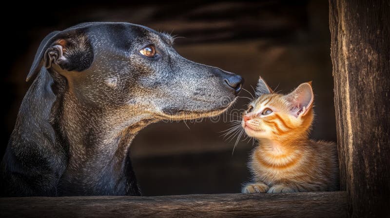 In the Doorway, Worn by Time, a Dog and Cat Lean Out Side by Side Stock ...