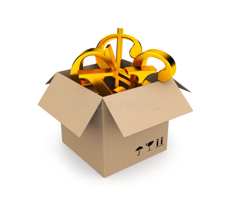 Doos Gevulde Gouden Symbolen Van Geld Stock Illustratie - Illustration ...