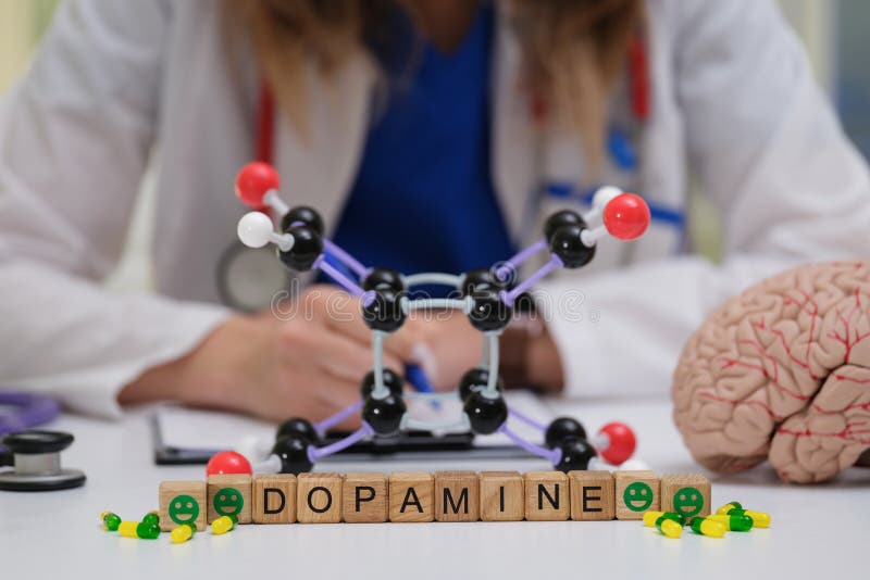 Dopamine Molecule Illustrated with Medical Context Alongside Brain ...