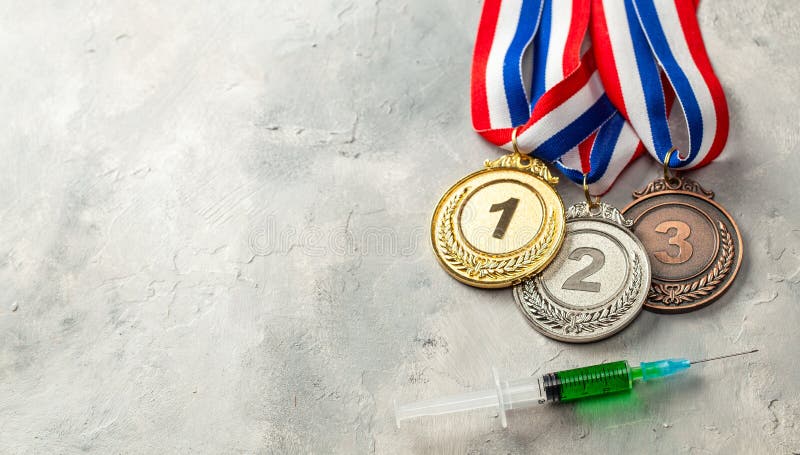 Doping for Athletes. Golds, Silver and Bronze Medal and Doping Syringe ...