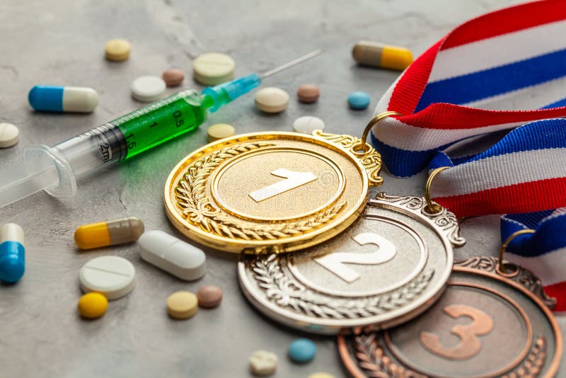 Doping for Athletes. Golds, Silver and Bronze Medal and Doping Syringe ...