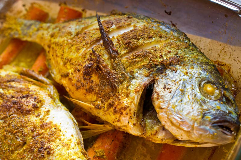 Dorade with Curry on Carrots in Oriental Style Stock Photo - Image of ...