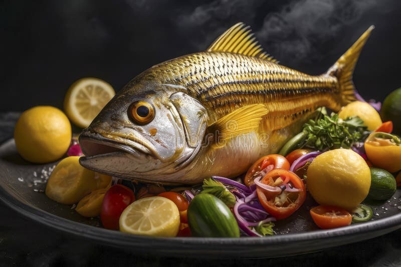 Dorado Fish is Cooked with Vegetables. Stock Illustration ...