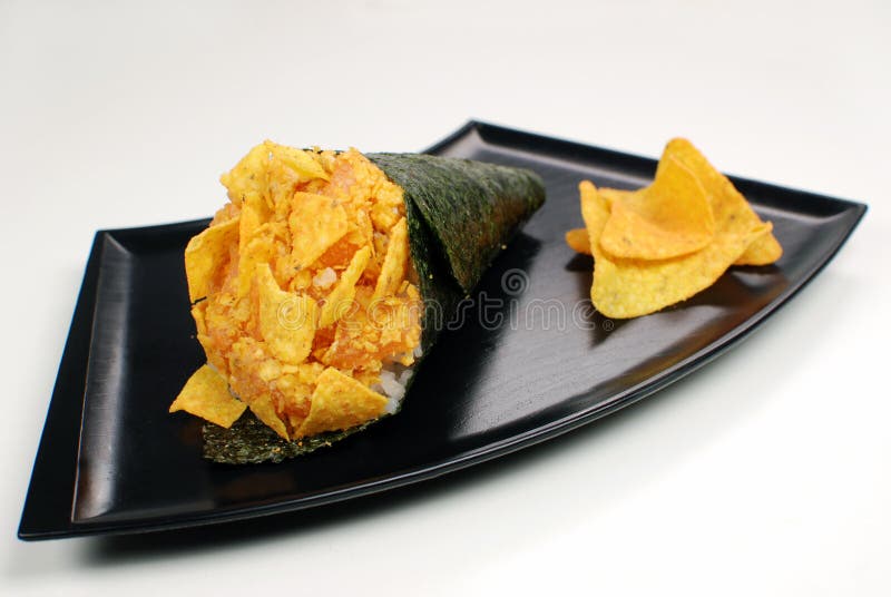 Doritos and Salmon Fish Temaki in White Background Stock Image - Image ...