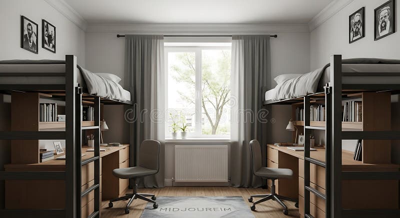 Dorm Room with Bunk Beds and Study Desks by Window Stock Illustration ...