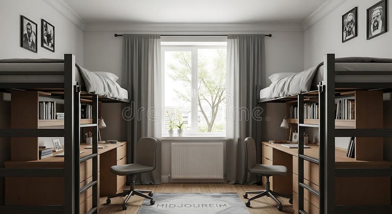 Dorm Room with Bunk Beds and Study Desks by Window Stock Illustration ...