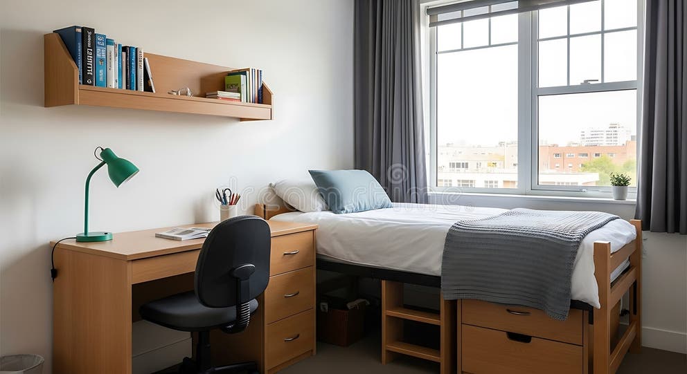 Dorm Room Interior with Desk and Bed Near Window Stock Illustration ...
