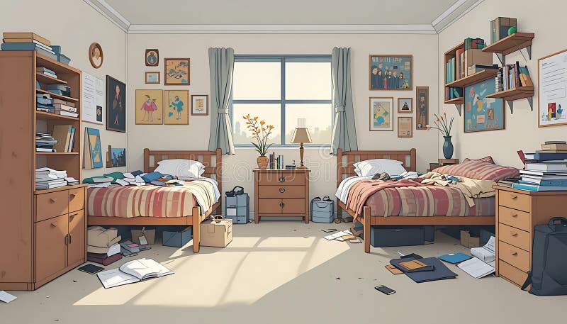 Dorm Room Interior with Two Beds and Messy Study Environment Stock Illustration - Illustration ...