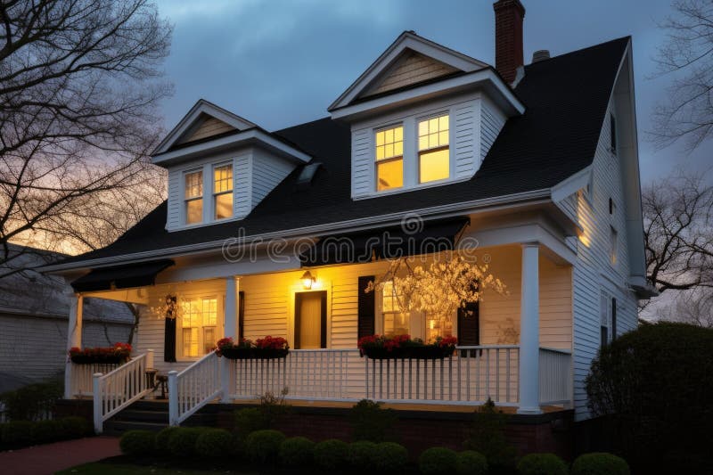 Dormer Windows of Dutch Colonial Highlighted by Luminous Outdoor Light ...