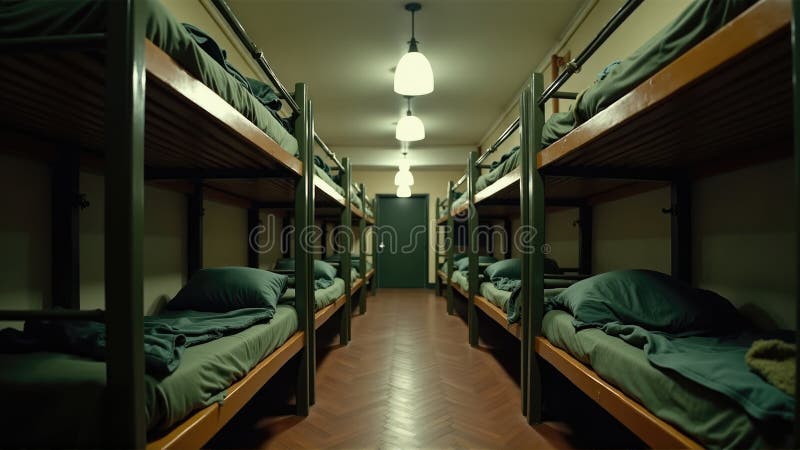 Dormitory Interior Capturing Multiple Bunk Beds Arranged in a Long ...